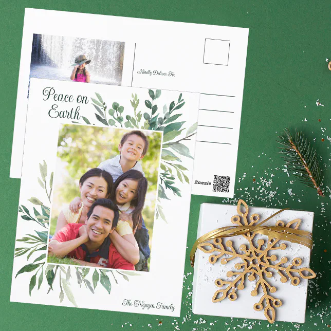 Peace on Earth Elegant Botanical Greenery Photo Postcard | Zazzle