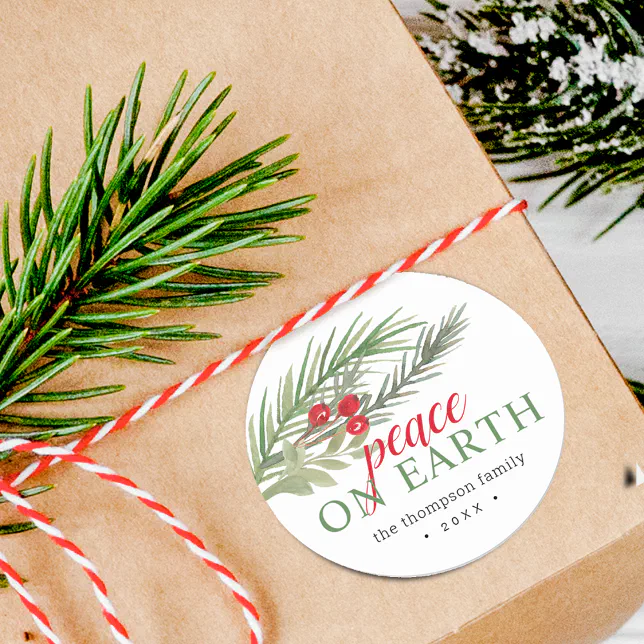 Peace on Earth Festive Christmas Greenery Classic Round Sticker | Zazzle