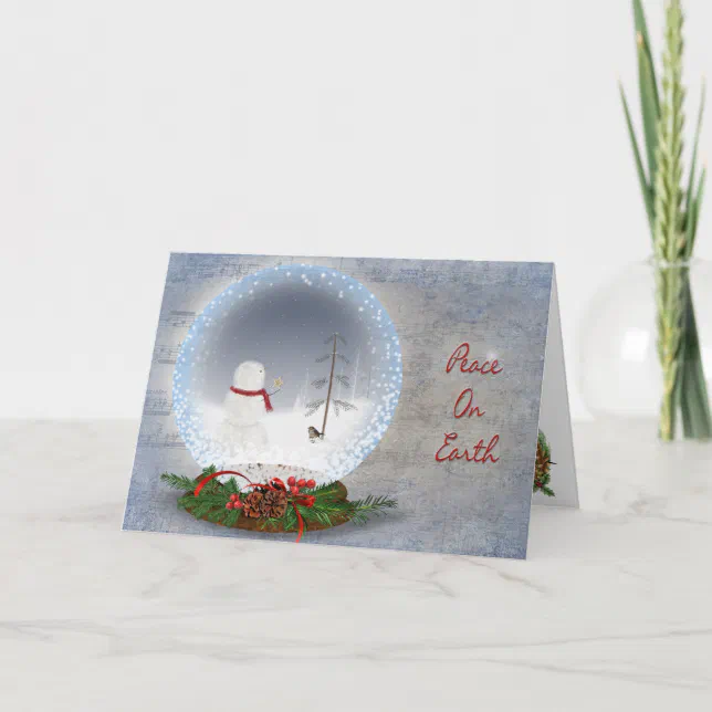 Peace On Earth Snow Globe with snowman Holiday Card | Zazzle