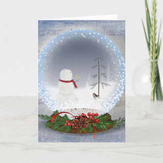 Peace On Earth Snow Globe with snowman Holiday Card | Zazzle