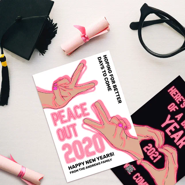 Peace Out 2020 Pink Neon Lights Happy New Years Holiday Card | Zazzle