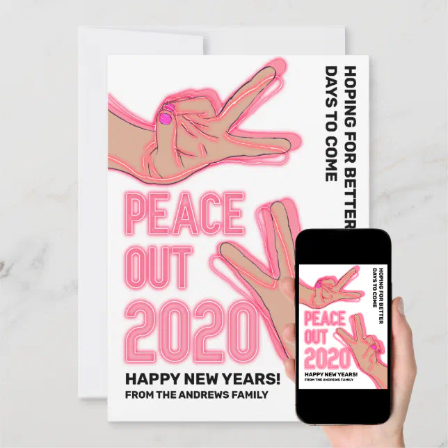 Peace Out 2020 Pink Neon Lights Happy New Years Holiday Card | Zazzle