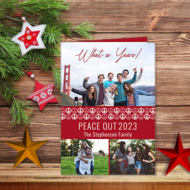 Peace Out 2023 What A Year 3 Photo Collage - Red Holiday Card | Zazzle