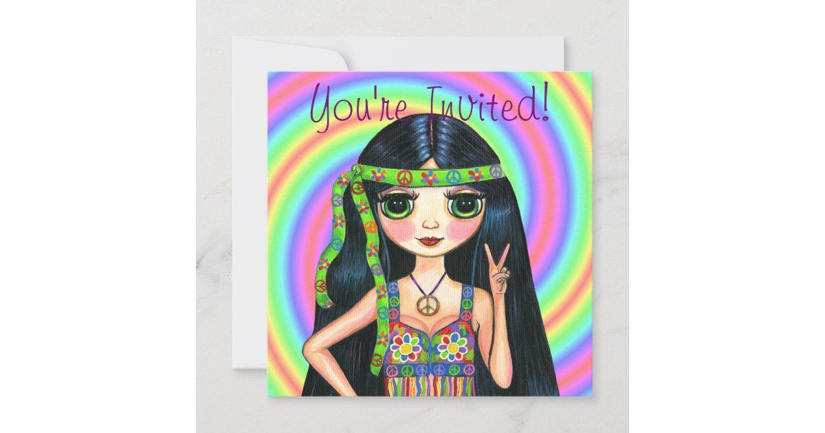 Peace Out Girl Hippie Flashing Peace Sign Invitation | Zazzle