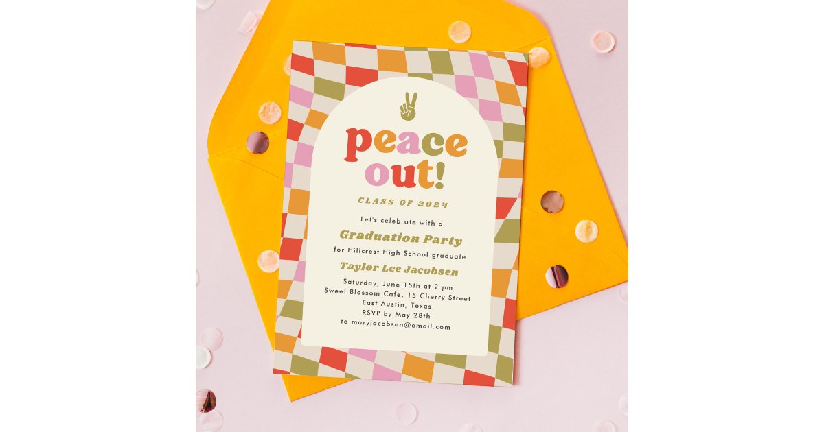 Peace Out Retro Groovy Colourful Graduation Party Invitation | Zazzle