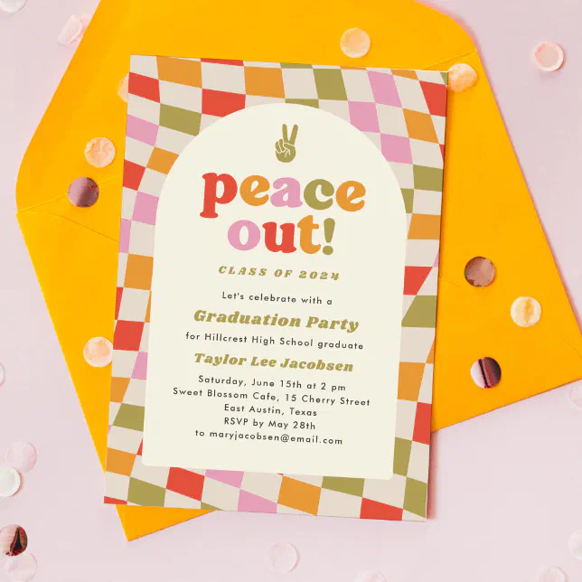 Peace Out Retro Groovy Colourful Graduation Party Invitation | Zazzle