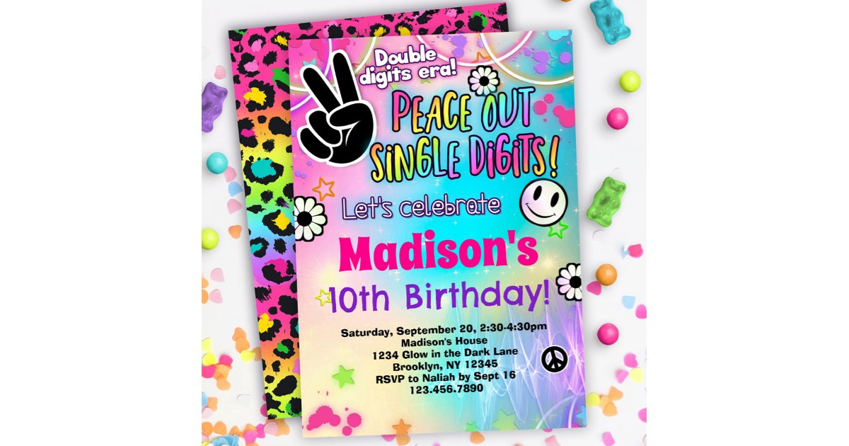 Peace Out Single Digits 10th Birthday Invitation | Zazzle