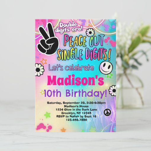 Peace Out Single Digits 10th Birthday Invitation | Zazzle