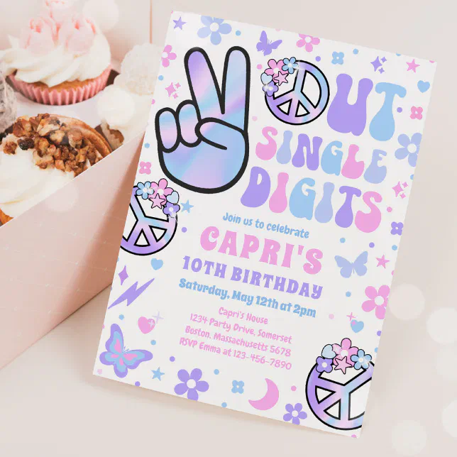 Peace Out Single Digits Holographic Birthday Party Invitation | Zazzle