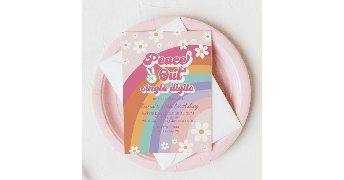 Peace Out Single Digits Rainbow 10th Birthday Invi Invitation | Zazzle
