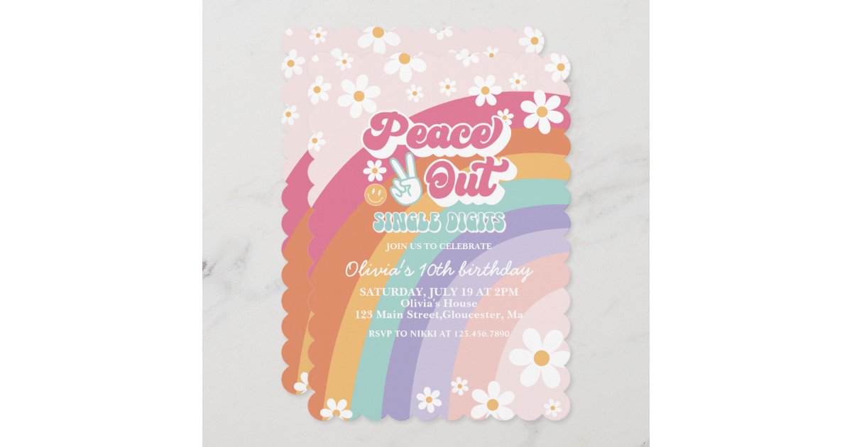 Peace Out Single Digits Rainbow 10th Birthday Invitation | Zazzle