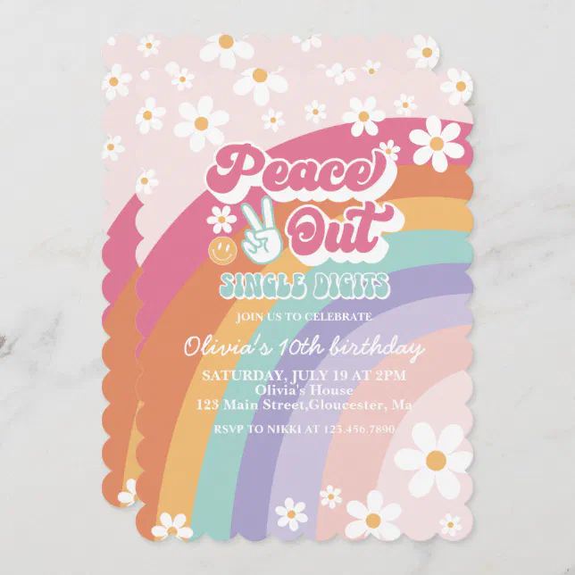 Peace Out Single Digits Rainbow 10th Birthday Invitation | Zazzle