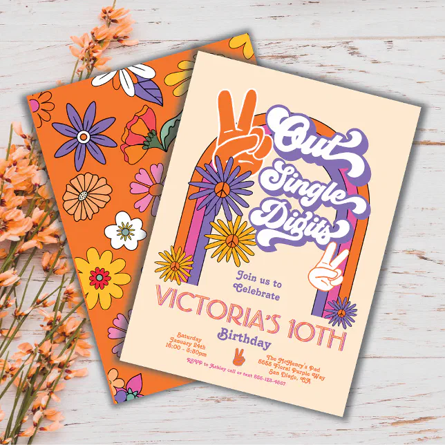 Peace Out Single Digits Rainbow Birthday Party Invitation | Zazzle