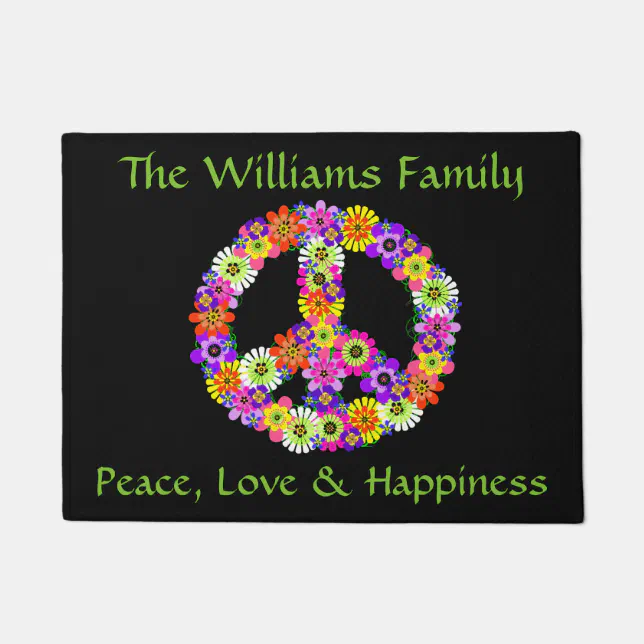 Peace Sign Floral on Black Customized Doormat | Zazzle