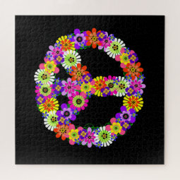 Peace Sign Floral on Black Jigsaw Puzzle | Zazzle