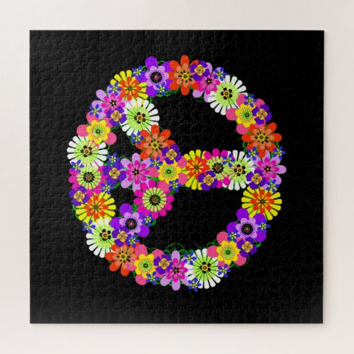 Peace Sign Floral on Black Jigsaw Puzzle | Zazzle