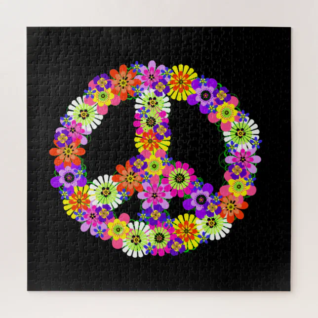 Peace Sign Floral on Black Jigsaw Puzzle | Zazzle