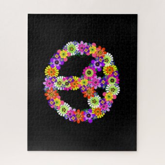 Peace Sign Floral on Black Jigsaw Puzzle | Zazzle
