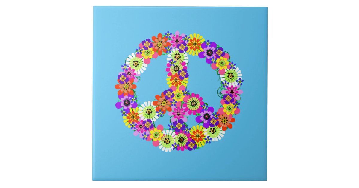Peace Sign Floral on Light Blue Ceramic Tile | Zazzle