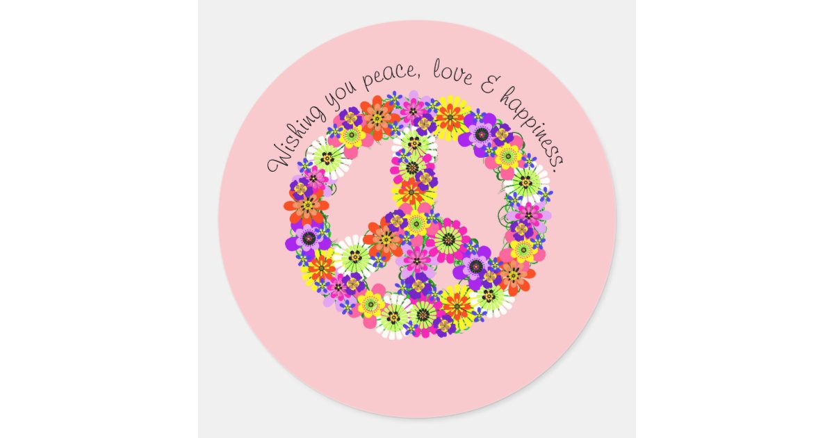 Peace Sign Floral on Pink Peace Love Happiness Classic Round Sticker ...