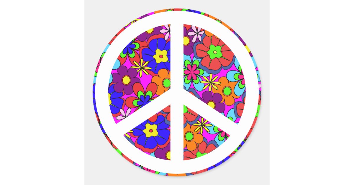 Peace Sign Hippy Retro Flowers Classic Round Sticker | Zazzle