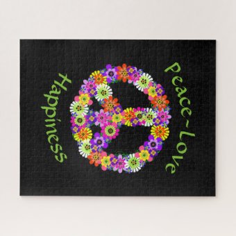 Peace Sign Love & Happiness on Black Jigsaw Puzzle | Zazzle