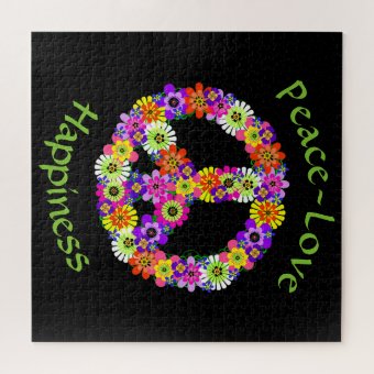 Peace Sign Love & Happiness on Black Jigsaw Puzzle | Zazzle