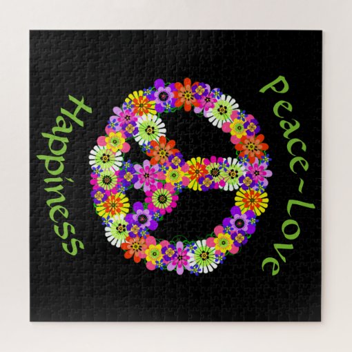 Peace Sign Love & Happiness on Black Jigsaw Puzzle | Zazzle