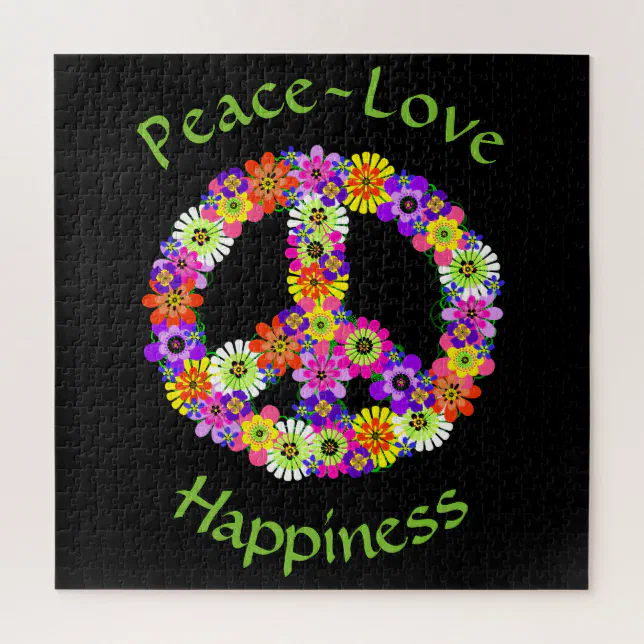 Peace Sign Love & Happiness on Black Jigsaw Puzzle | Zazzle