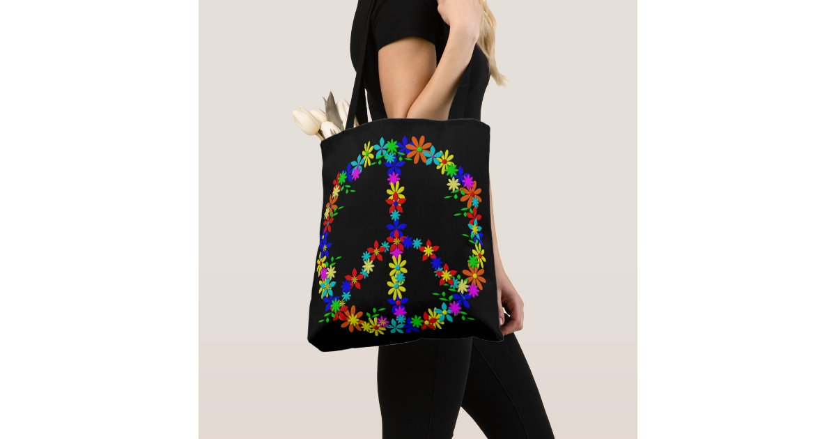 Peace sign with colorful flowers tote bag | Zazzle