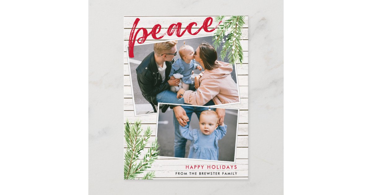 Peace, Snowy Evergreen 2 Photo Holiday Postcard | Zazzle