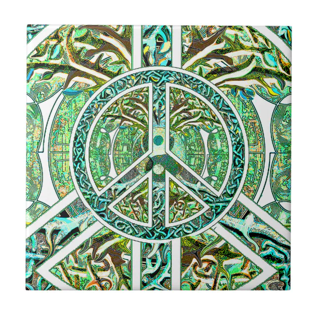 Peace Symbol, Yin Yang, Tree of Life in Green Tile | Zazzle