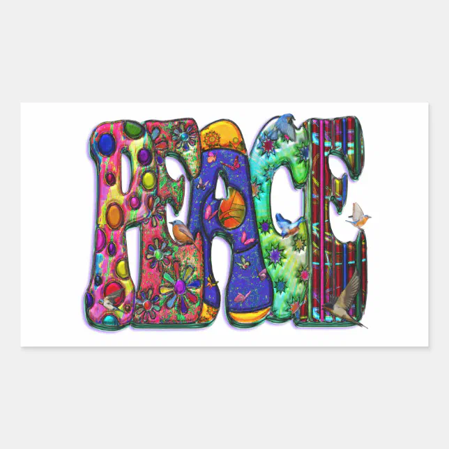 Peace Word Art Birds and Butterflies Rectangular Sticker | Zazzle