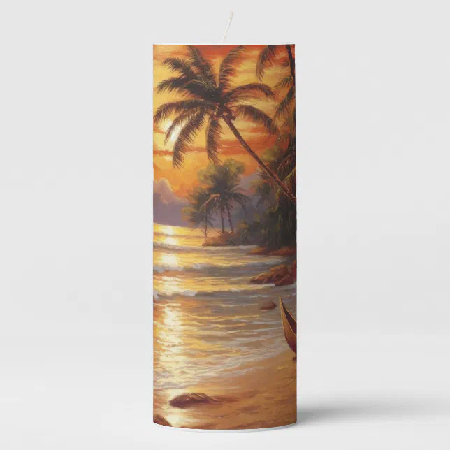 PEACEFUL BEACH SUNSET SCENE WITH PALM TREES PILLAR CANDLE | Zazzle