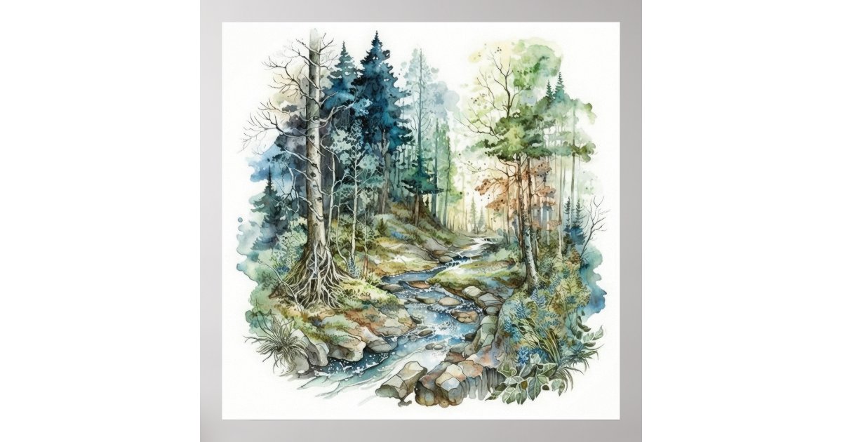 Peaceful Forest Stream Watercolor Poster | Zazzle