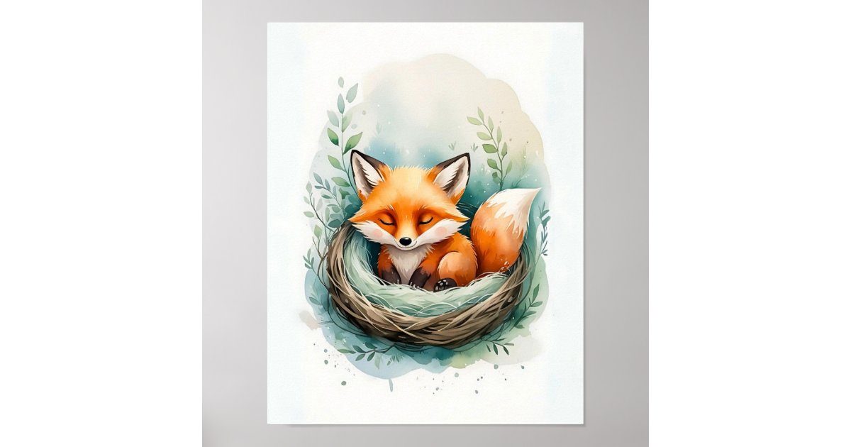 Peaceful Fox Resting Nest Watercolor Illustration Poster | Zazzle