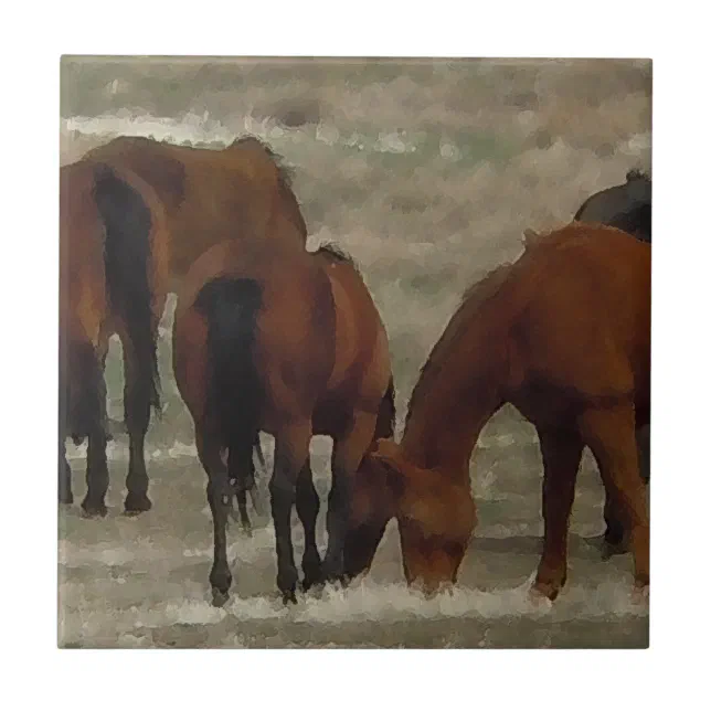 Peaceful Horse Herd Grazing Together Western Tile | Zazzle