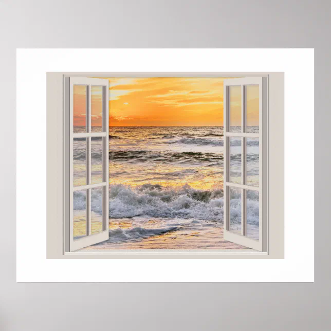 Peaceful sunset seashore seen through open window poster | Zazzle