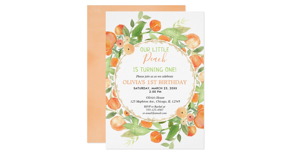 Peach 1st birthday girl invitations, peaches theme invitation | Zazzle.com
