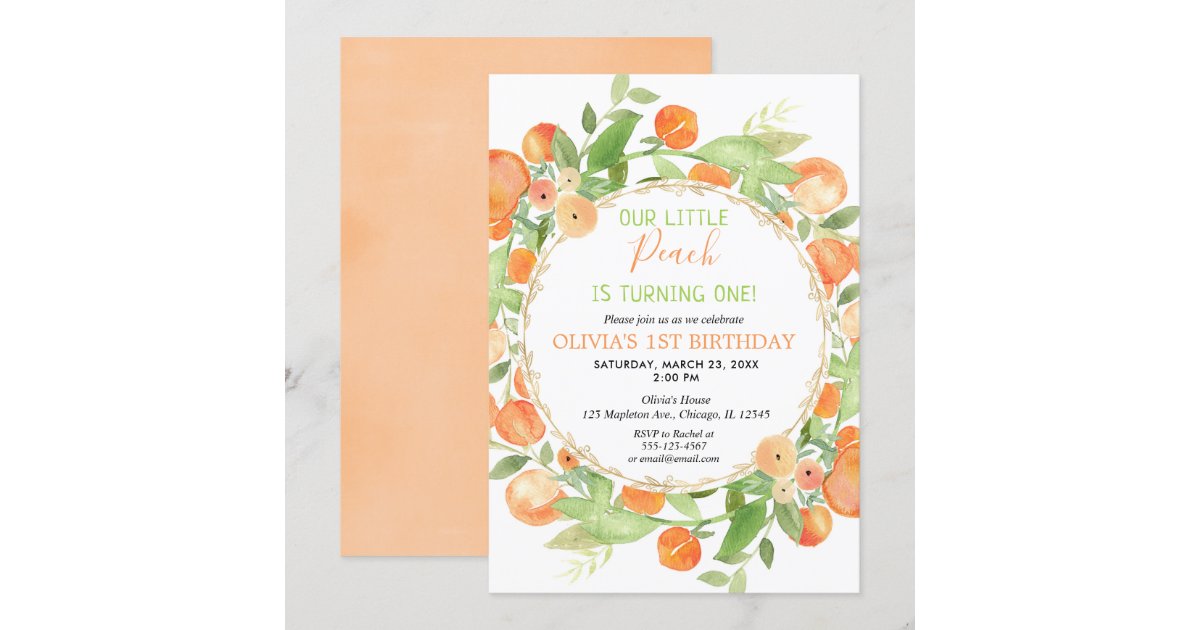 Peach 1st birthday girl invitations, peaches theme invitation | Zazzle