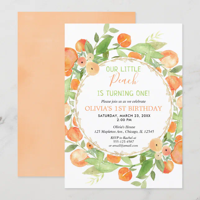 Peach 1st birthday girl invitations, peaches theme invitation | Zazzle