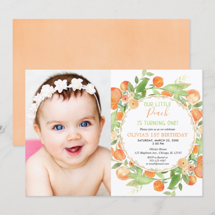Peach 1st birthday girl, peaches theme photo invitation | Zazzle