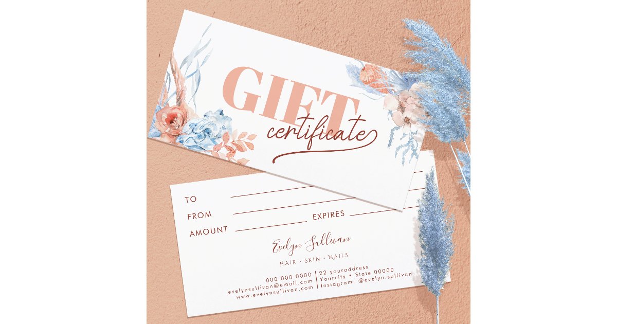 Peach and blue tropical gift certificate | Zazzle