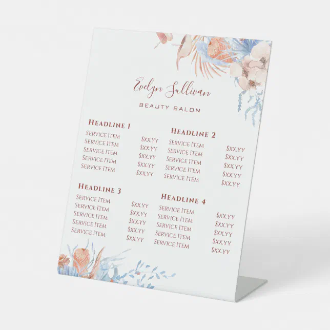 Peach and blue tropical price list pedestal sign | Zazzle