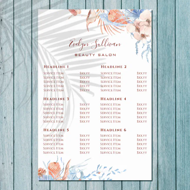 Peach and blue tropical price list poster | Zazzle