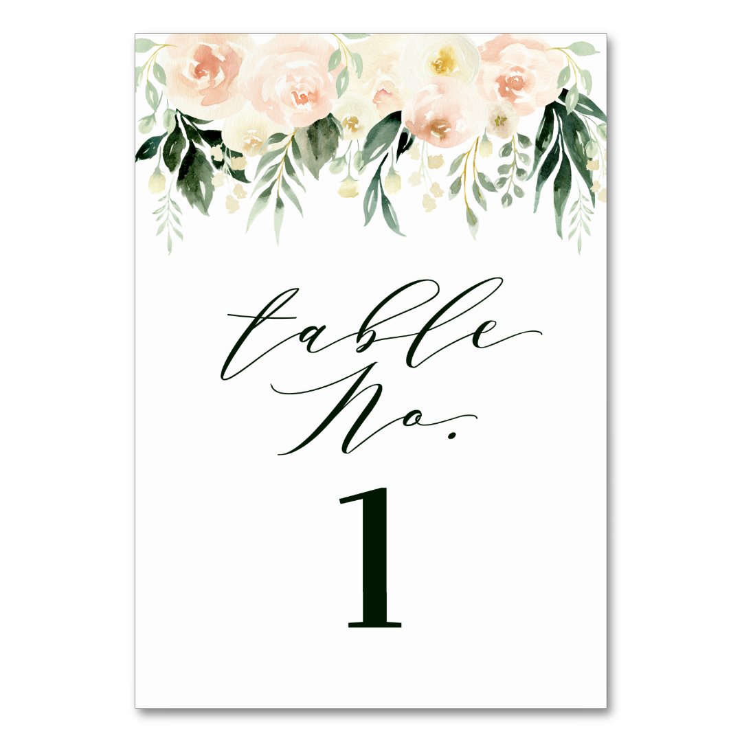 Peach and cream watercolor leaf + foliage wedding table number | Zazzle