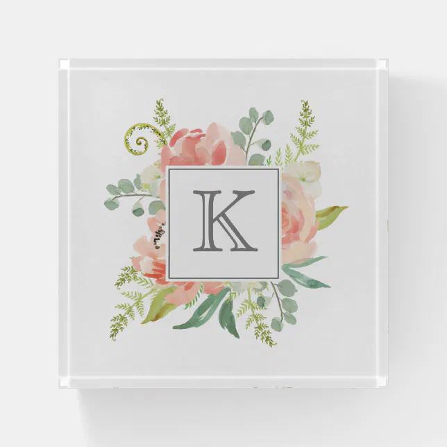Peach and Pink Floral Bouquet with Monogram Paperweight | Zazzle