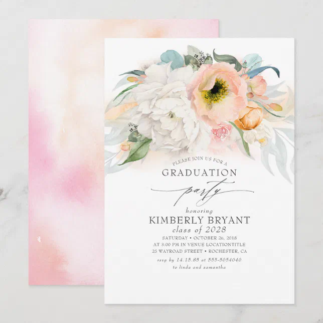Peach and Pink Floral Elegant Stylish Graduation Invitation | Zazzle