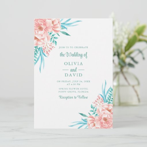 Peach and Turquoise Floral Summer Wedding Invitation | Zazzle