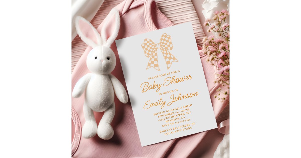 Peach and White Checker Bow Baby Shower Invitation | Zazzle